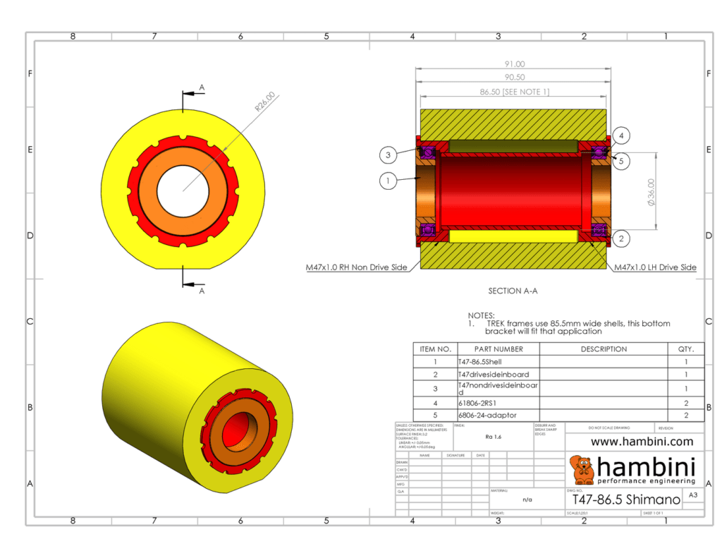 Hambini Racing T47i T47-86.5 Bottom Bracket Shimano Crankset (Trek) - Hambini Engineering